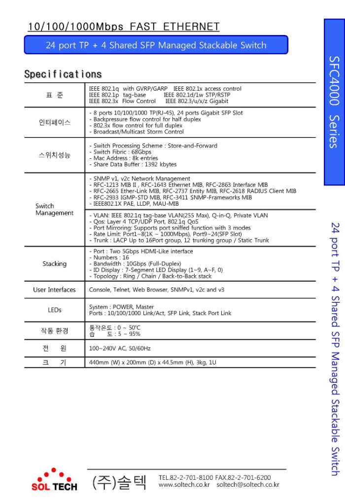 엑사통신-광모듈,안테나,무선랜,시리얼통신,케이블,SFP,GBIC,POF,AOC - SOLTECH SFC4000T 24포트 매니지먼트 광허브
