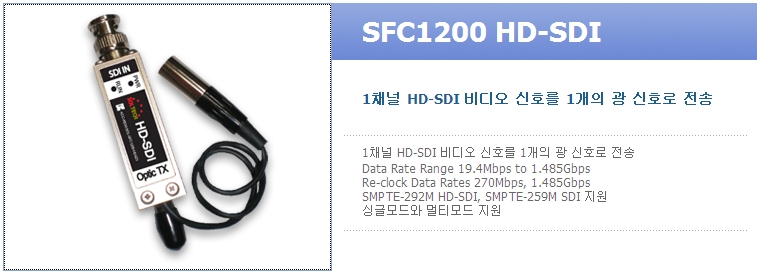 엑사통신-광모듈,안테나,무선랜,시리얼통신,케이블,SFP,GBIC,POF,AOC - SOLTECH SFC1200-1V-HD 1채널 HD-SDI 광링크