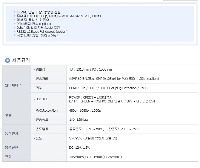 엑사통신-광모듈,안테나,무선랜,시리얼통신,케이블,SFP,GBIC,POF,AOC - SOLTECH SFC1200-HDMI 영상음향 광전송 광링크